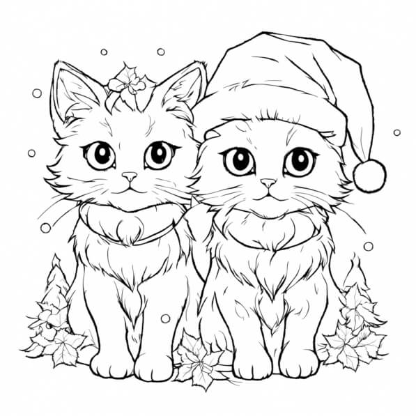 Download Two Cats in Santa Hats Coloring Pages with Christmas Trees and ...