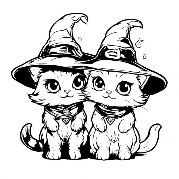 Download Two Cats in Witch Hats Coloring pages Online - Creative Fabrica