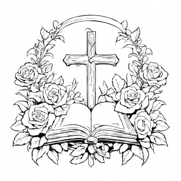 Download Religious Drawing: Open Book with Cross and Roses Coloring ...