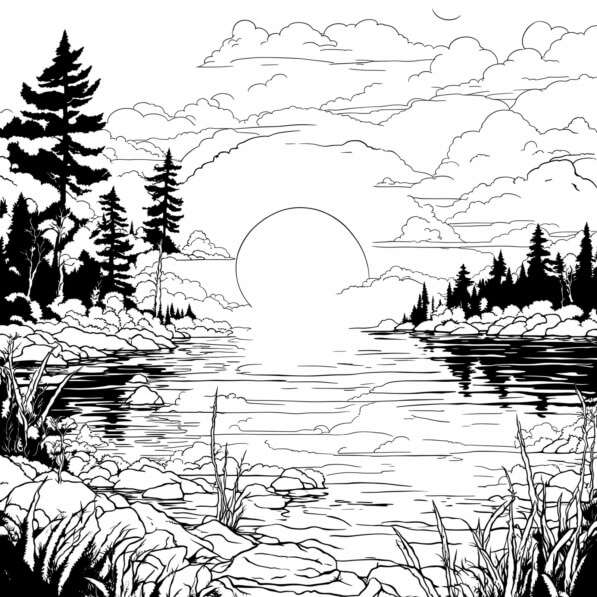 Download Idyllic Lake Drawing Coloring pages Online - Creative Fabrica