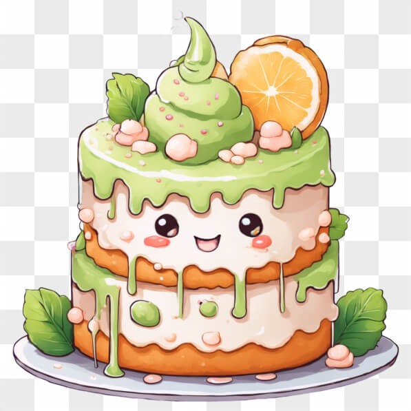 Download Kawaii Three-Tiered Cake with Green Icing and Orange Slice ...