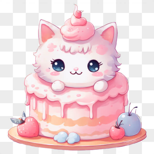 Download Kawaii White Cat on Ice Cream Cake with Strawberries and ...