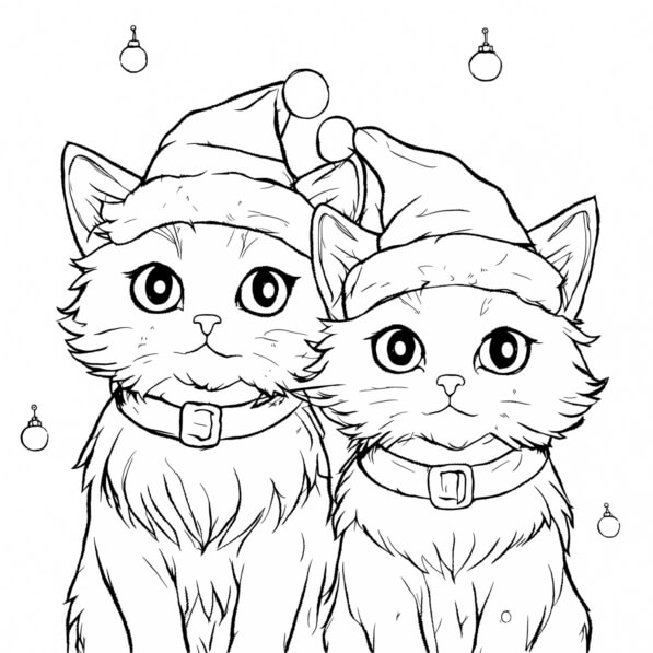 Download Two Cats in Santa Hats Coloring Pages with Christmas Ornaments ...