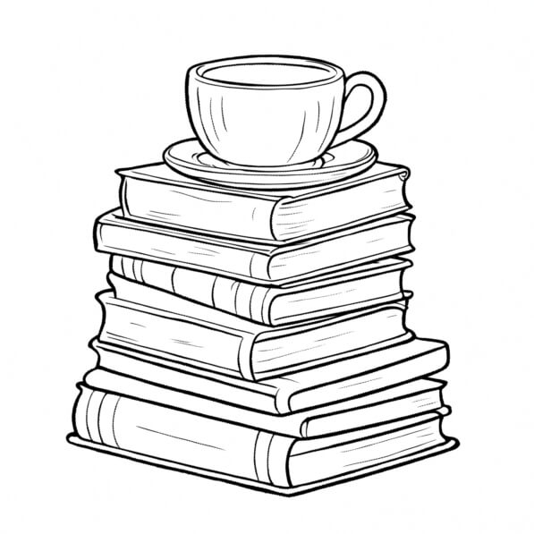 Download Stack of Books with Cup Coloring pages Online - Creative Fabrica