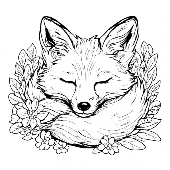 Download Black and White Sleeping Fox with Flowers Coloring pages ...