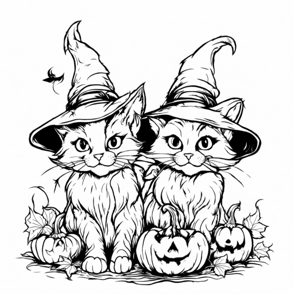 Download Adorable Halloween Coloring Page with Cats in Witch Hats ...