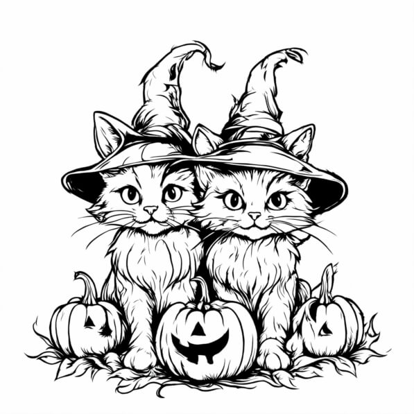 Download Two Cats in Witch Hats on Pumpkins Coloring pages Online ...