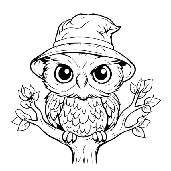 Download Owl with Hat on Tree Branch Coloring pages Online - Creative ...