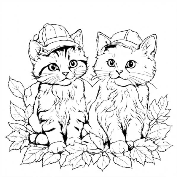 Download Cat Coloring Page: Two Cats in Hats on Leaves Coloring pages ...