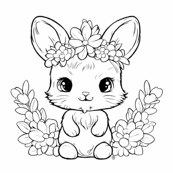 Download Cute Bunny Coloring Page with Flowers Coloring pages Online ...