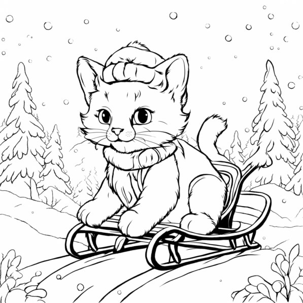 Download Cat on Sled in Snow Coloring Page Coloring pages Online ...