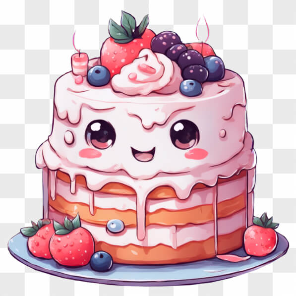 Download Kawaii Cake with Frosting, Berries, and Smiley Faces Kawaii ...