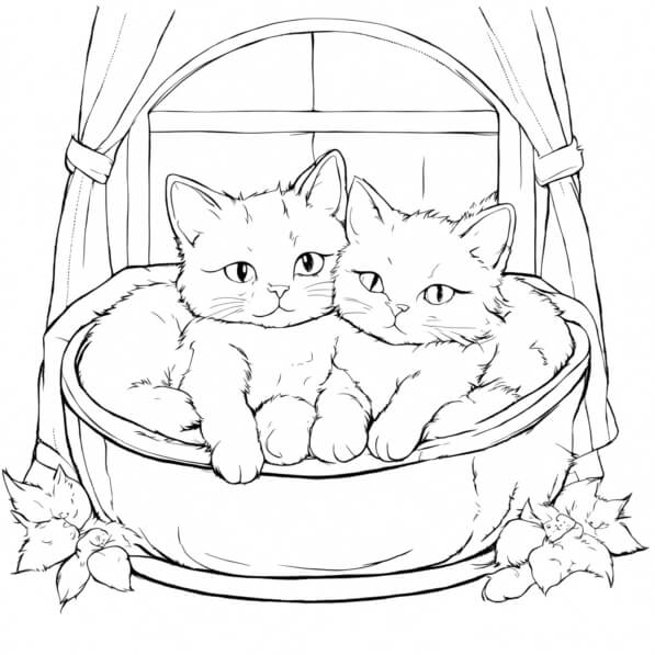 Download Two Cats in Bowl with Leaves and Flowers Coloring pages Online ...