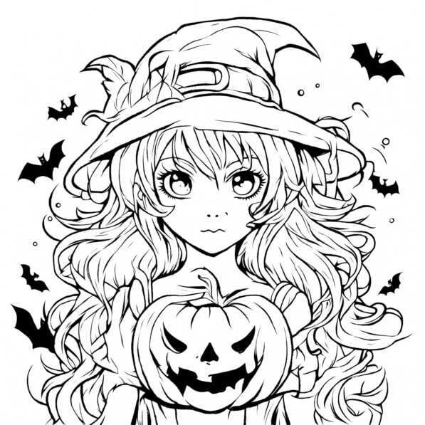 Download Girl in Witch Hat with Pumpkin Coloring Page Coloring pages ...