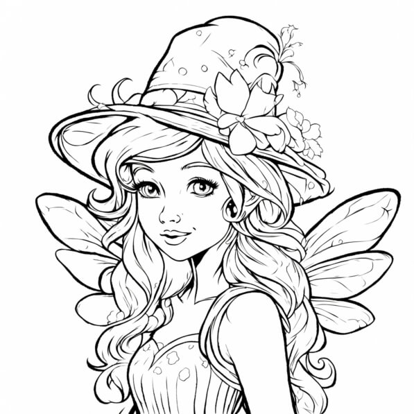 Download Fairy Coloring Page with Long Hair, Hat, and Flowers in Black ...