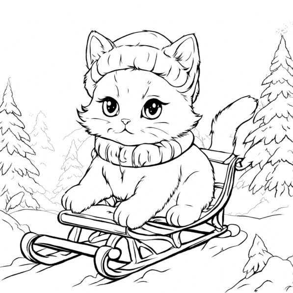 Download Cute Cat on Sled in Snow Coloring pages Online - Creative Fabrica