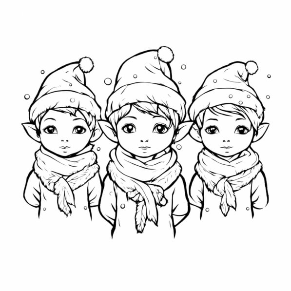 Download Three Elf Children in Hats and Scarves Coloring pages Online ...