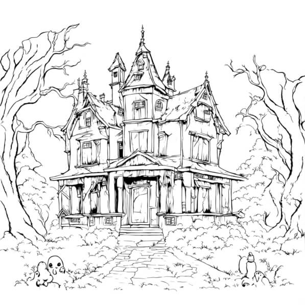 Download Black and White Haunted House Drawing Coloring pages Online ...