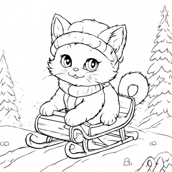 Download Cute Kitten Riding on Sled in Snow Coloring pages Online ...