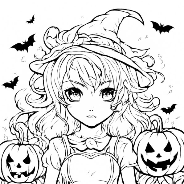 Download Girl in Witch's Hat Holding Pumpkins Coloring pages Online ...
