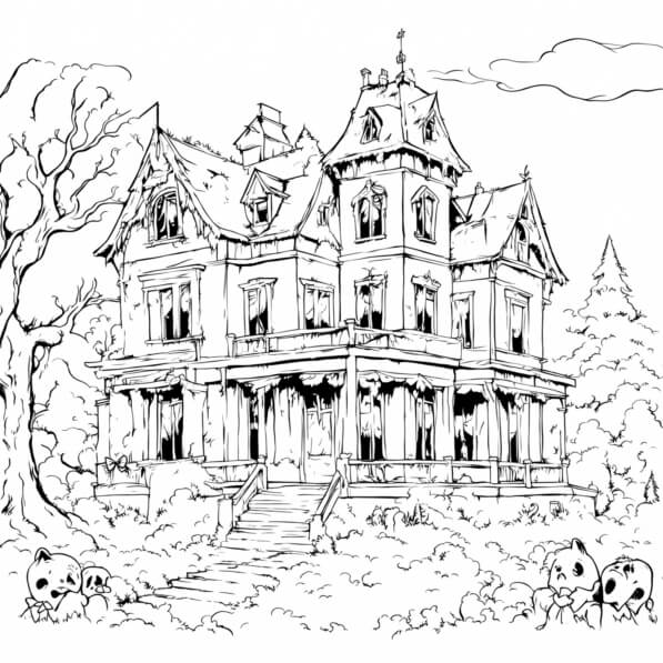 Download Old Mansion with Pumpkins - Halloween House Coloring Page ...