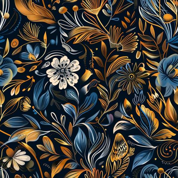 Download Seamless Floral Pattern in Gold, Blue, and Yellow Patterns Online - Creative Fabrica