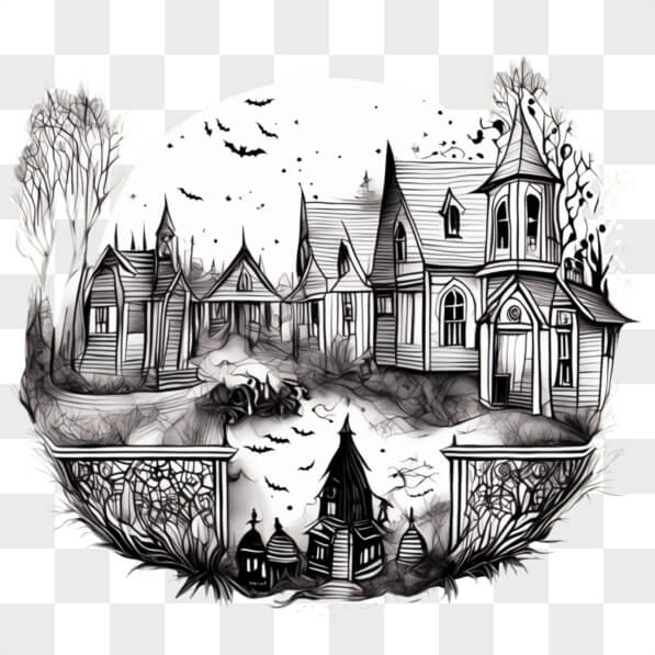 Download Spooky Black-and-White Drawing of Old Town PNGs Online ...