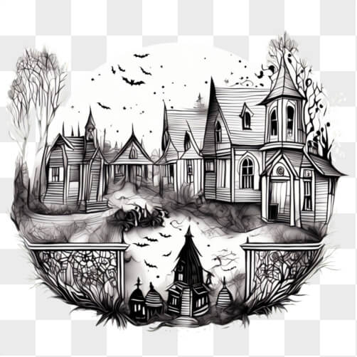 Download Eerie Black and White Halloween Town Drawing PNGs Online ...