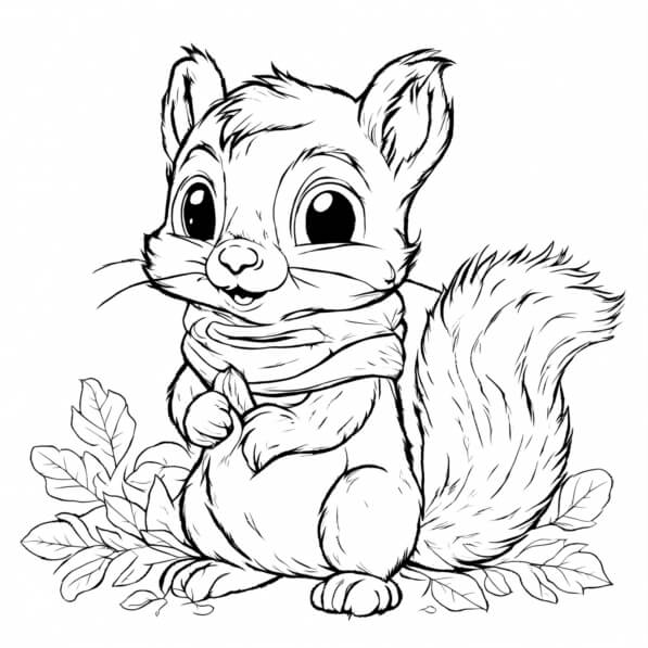 Download Cute Squirrel Coloring Page with Leaves and Scarf Coloring ...