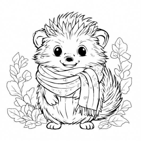 Download Coloring Page of a Cute Hedgehog with Scarf and Leaves ...