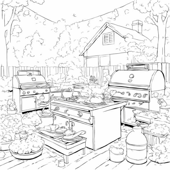 Download Outdoor Kitchen Drawing Coloring pages Online - Creative Fabrica