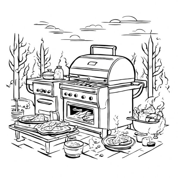 Download Outdoor Kitchen Drawing with Grilling Equipment and Food ...