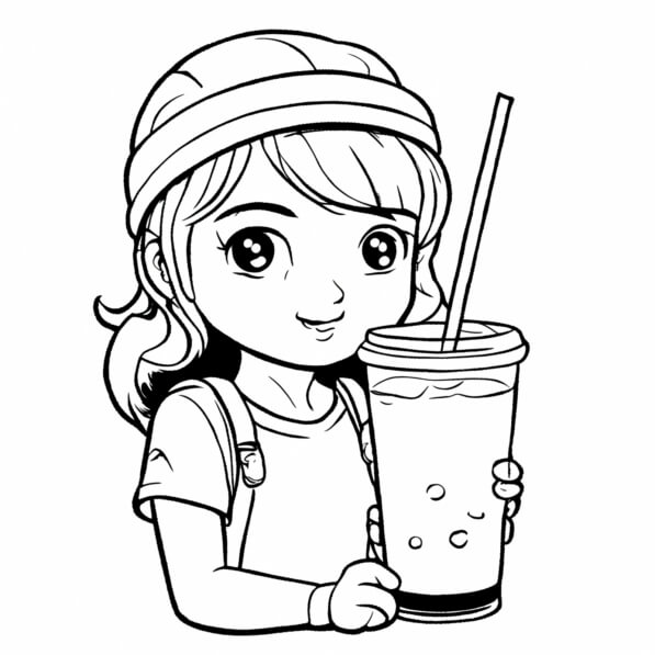 Download Girl Holding Iced Tea Coloring pages Online - Creative Fabrica