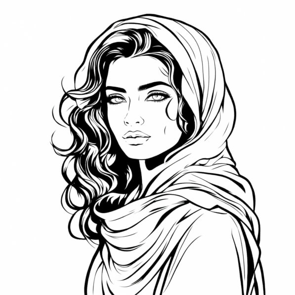 Descarga Dibujo en blanco y negro de una mujer con cabello largo y rizado Páginas para colorear ...