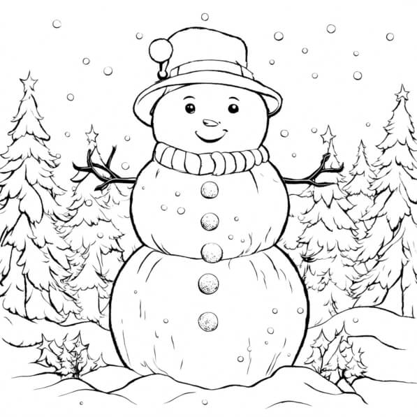 Download Snowman in Snowy Forest Coloring pages Online - Creative Fabrica