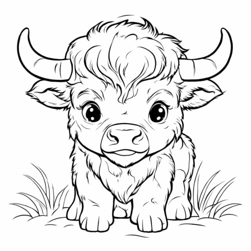 Download Baby Buffalo with Horns in Grassy Field Coloring pages Online ...
