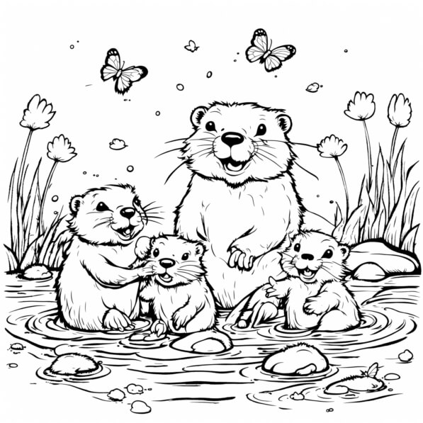 Download Familie bevers in water met vlinders en bloemen Kleurplaten ...