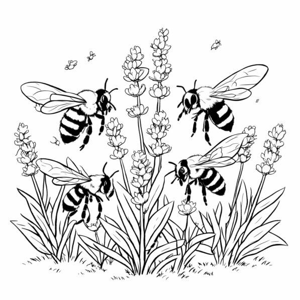 Download Black-and-White Drawing of Bees Gathering Nectar from Flowers ...