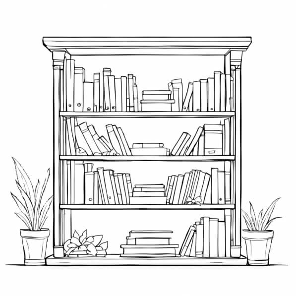 Download Black and White Bookcase with Books, Plants, and Flowers ...