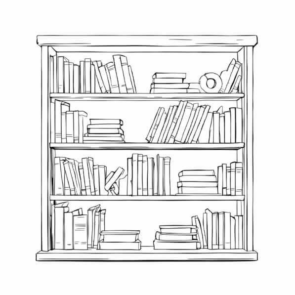 Download Black and White Bookcase with Books and Papers Coloring pages ...