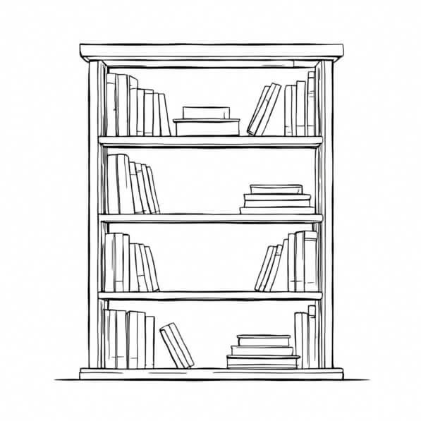 Download Black and White Bookcase Drawing with Assorted Books Coloring ...