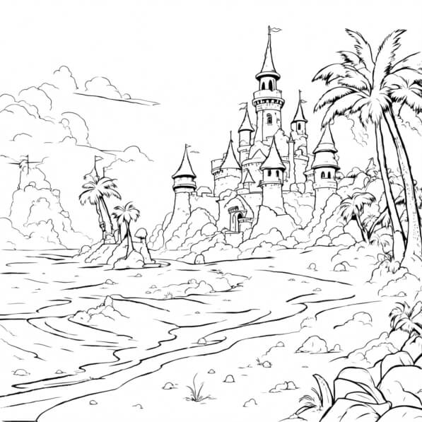 Download Castle on the Beach with Palm Trees Coloring pages Online ...