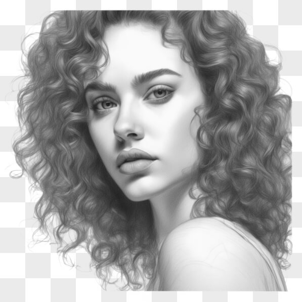 Descarga Dibujo en blanco y negro de una mujer de cabello rizado Bocetos En Línea - Creative Fabrica