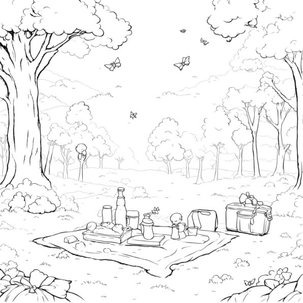 Download Outdoor Picnic in the Woods Drawing Coloring pages Online ...