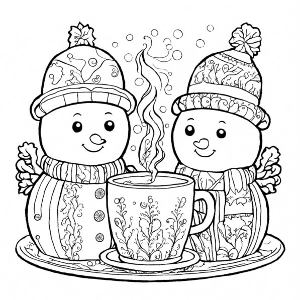 Download Winter-themed Coloring Page with Snowmen and Hot Cocoa ...