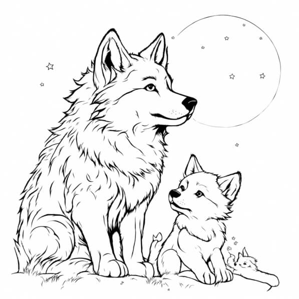 Download Wolf and Cub Sitting in Grass with Moon Coloring pages Online ...