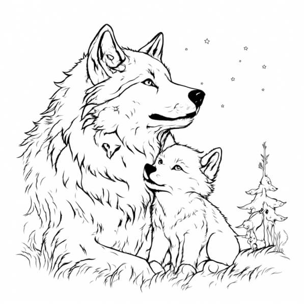 Download Wolf and Cub in the Woods Coloring Pages with Stars Background ...