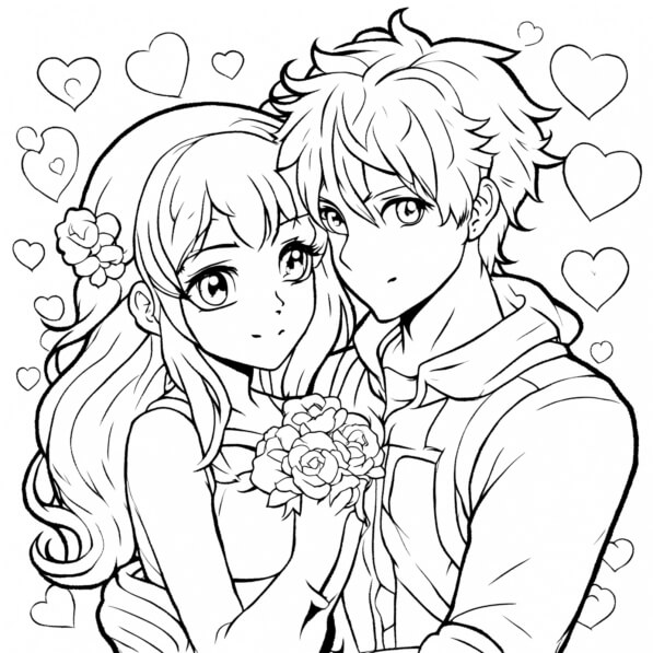 Download Anime Couple Hugging with Flowers Coloring Pages Coloring ...