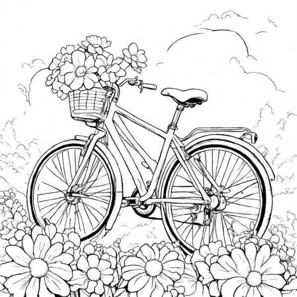 Download Bicycle in Field with Flowers Coloring pages Online - Creative ...