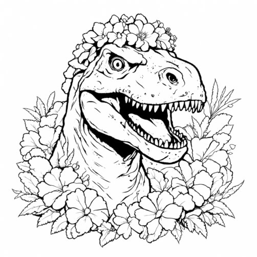 Download T-Rex Coloring Page with Flowers in a Field Coloring pages ...